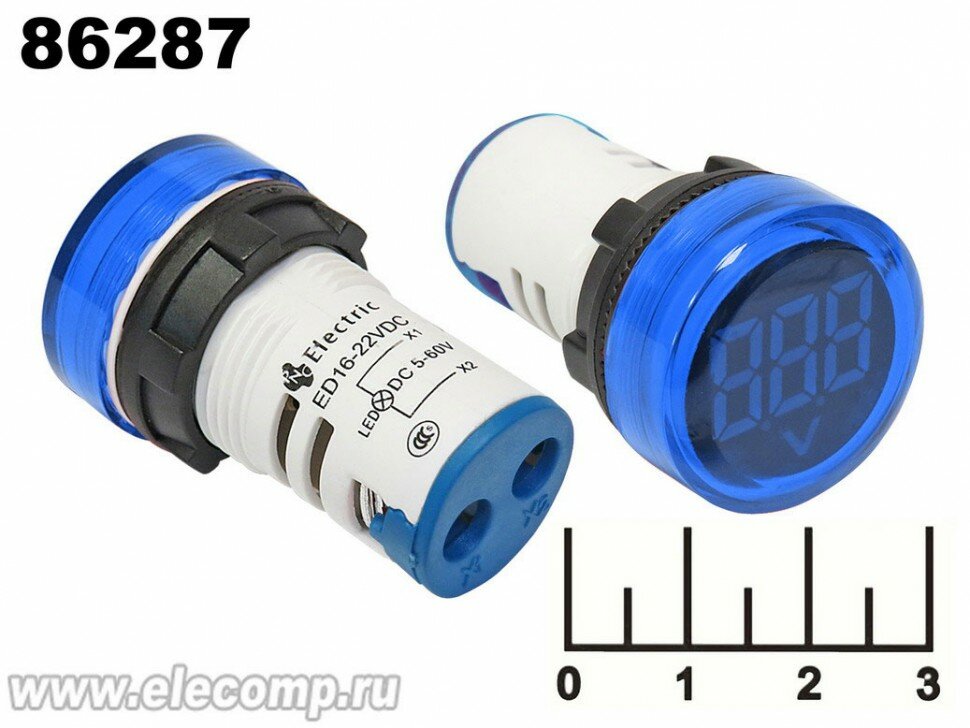 Вольтметр 5-60VDC ED16-22VD синий 22мм (28мм)