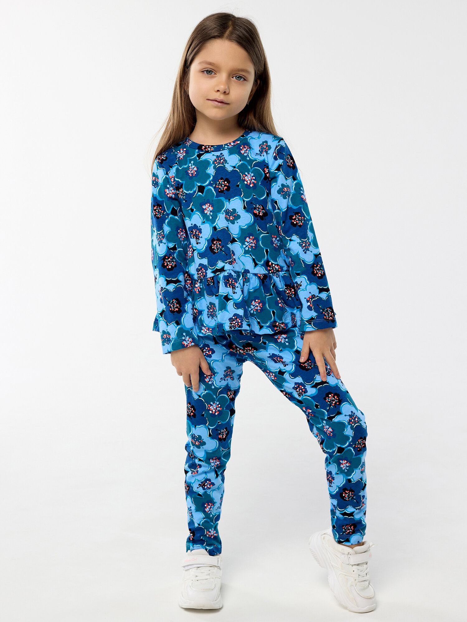 Комплект одежды Костюм трикотажный для девочки в детский сад, размер 140, цветы синий
