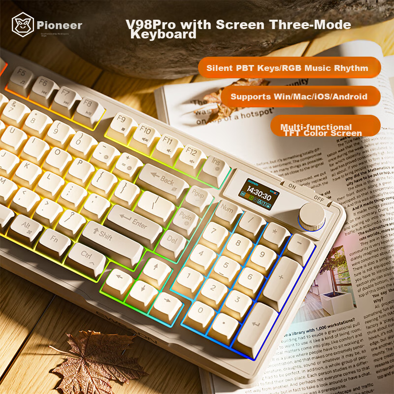 Qianxingzhe V98Pro Wireless Keyboard, Bluetooth And Wired Three-Mode, with Screen, Mechanical Feel, Silent, Office Portable, Membrane Keyboard, Compatible with Computers, Laptops, Tablets, IPad, Cream Gray