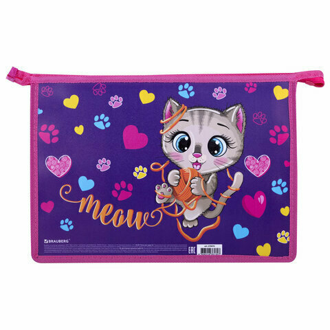 Папка для уроков труда и школы для школьника на молнии Brauberg А4, 2 отделения, органайзер, Playing kitty, 270976