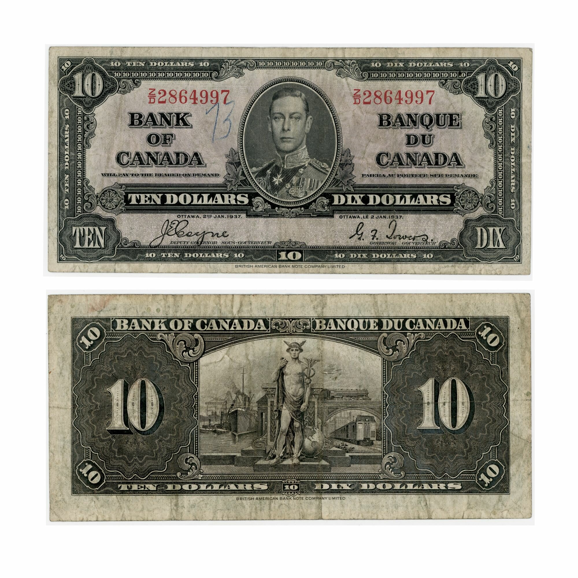 Банкнота Канада 10 долларов TEN DOLLARS 1937 год (F-VG) Pick 61