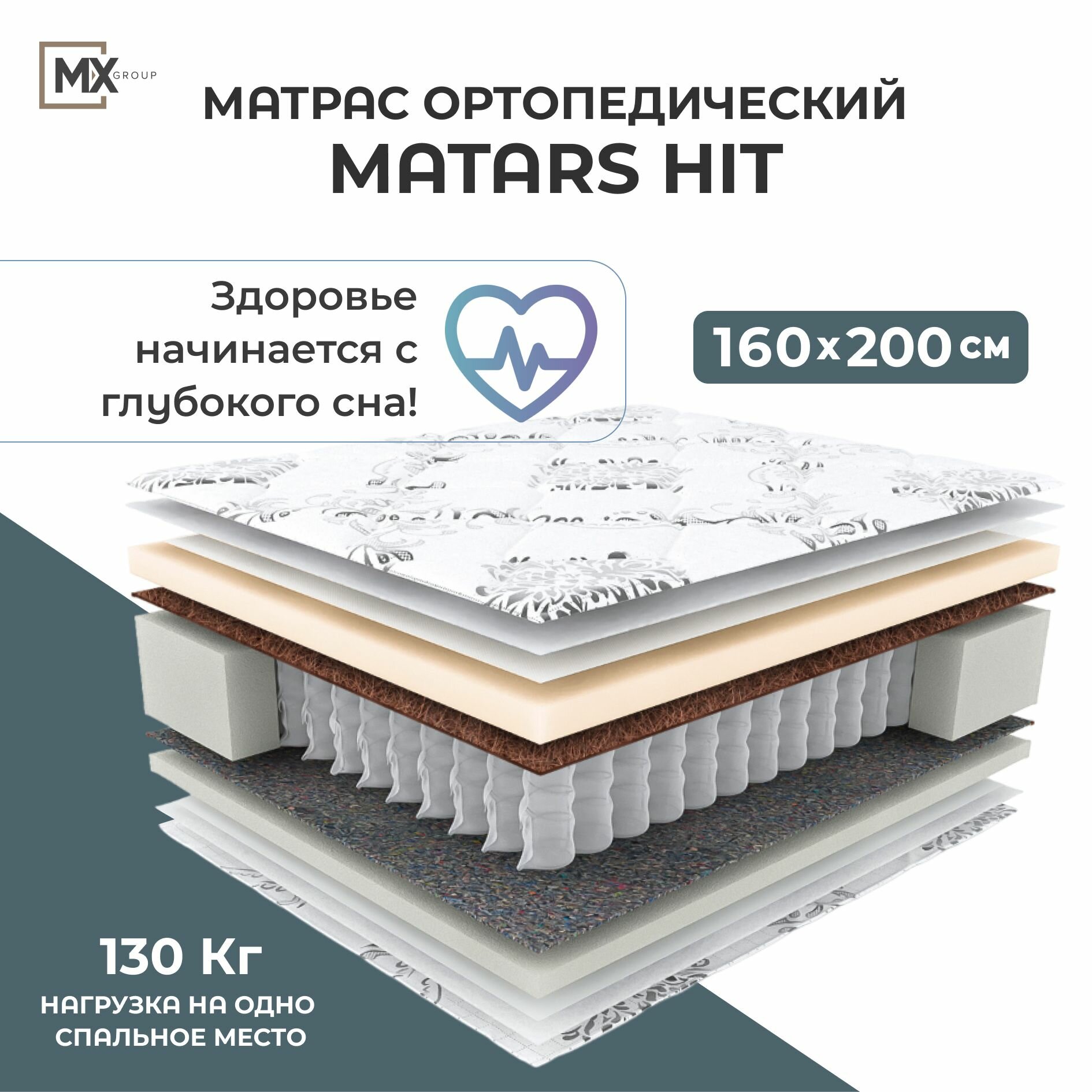 Матрас ортопедический "Matras Hit" Хит 160х200 для кровати, независимые пружины,26 см, Пружинный блок Мультипaкет S1000 Н140мм