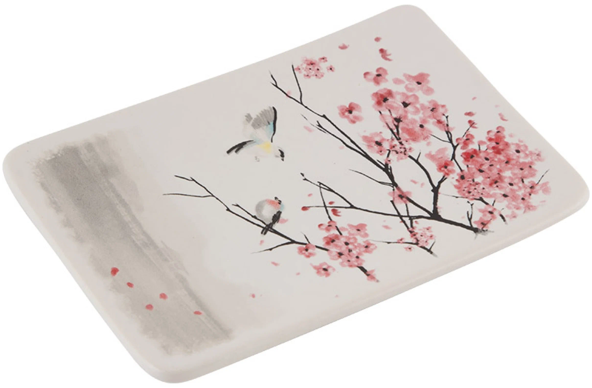 Мыльница Рыжий кот Сакура прямоугольная настольная, керамика белого цвета с рисунком 129х90х13мм / держатель для мыла / аксессуары для ванной и кухни