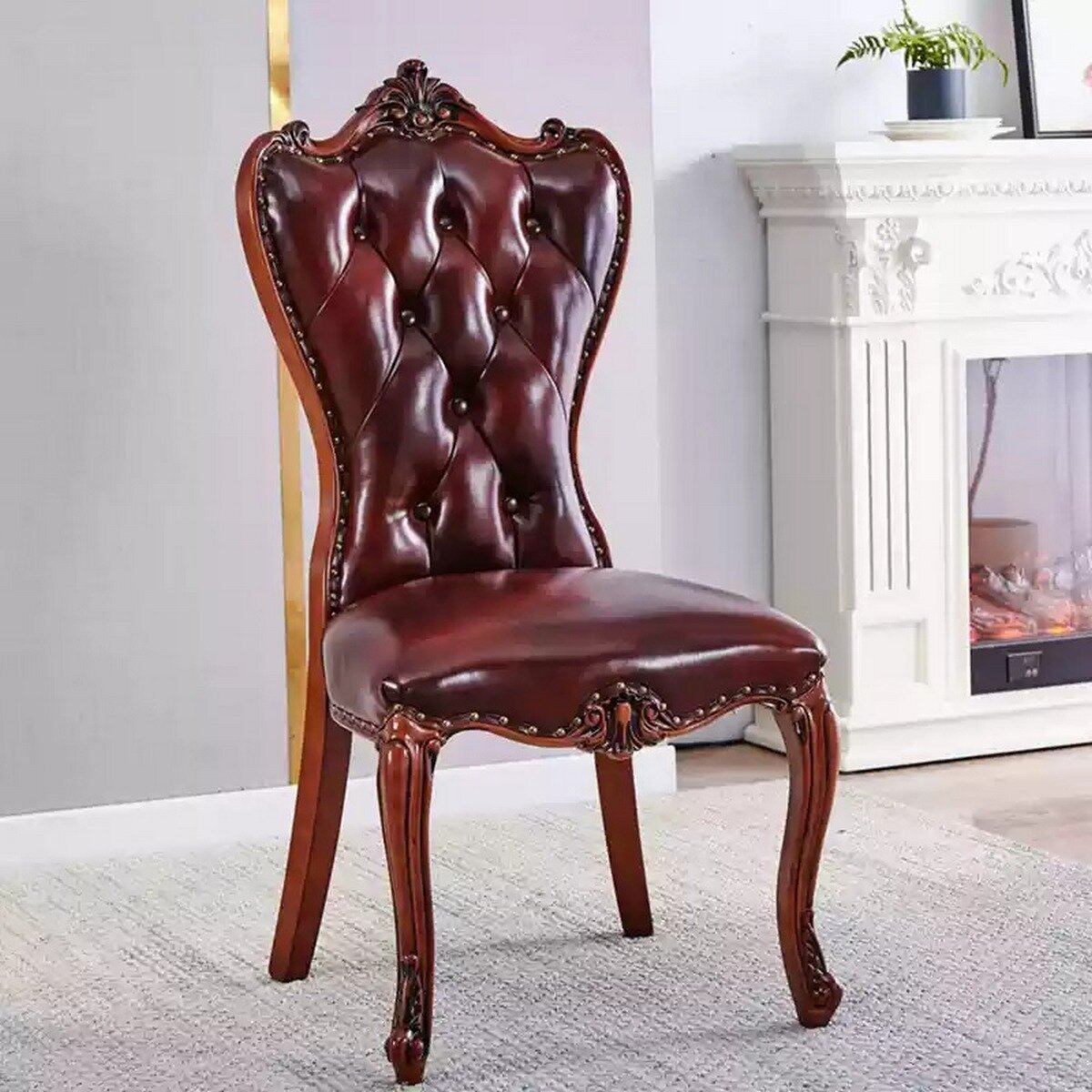 Обеденный стул из дерева в классическом стиле, обивка из кожи (цвет винтажный темно-коричневый, натуральная кожа)