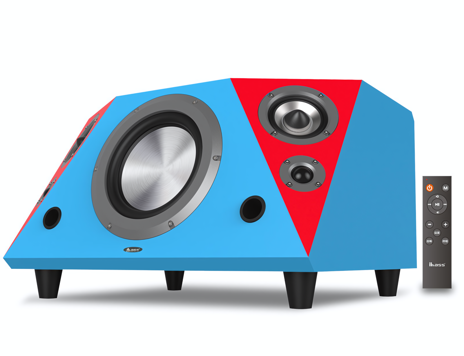 Колонка iBass двухполосная с сабвуфером, Bluetooth 5.0, aux, USB, питание от сети, голубая, подставка в комплекте