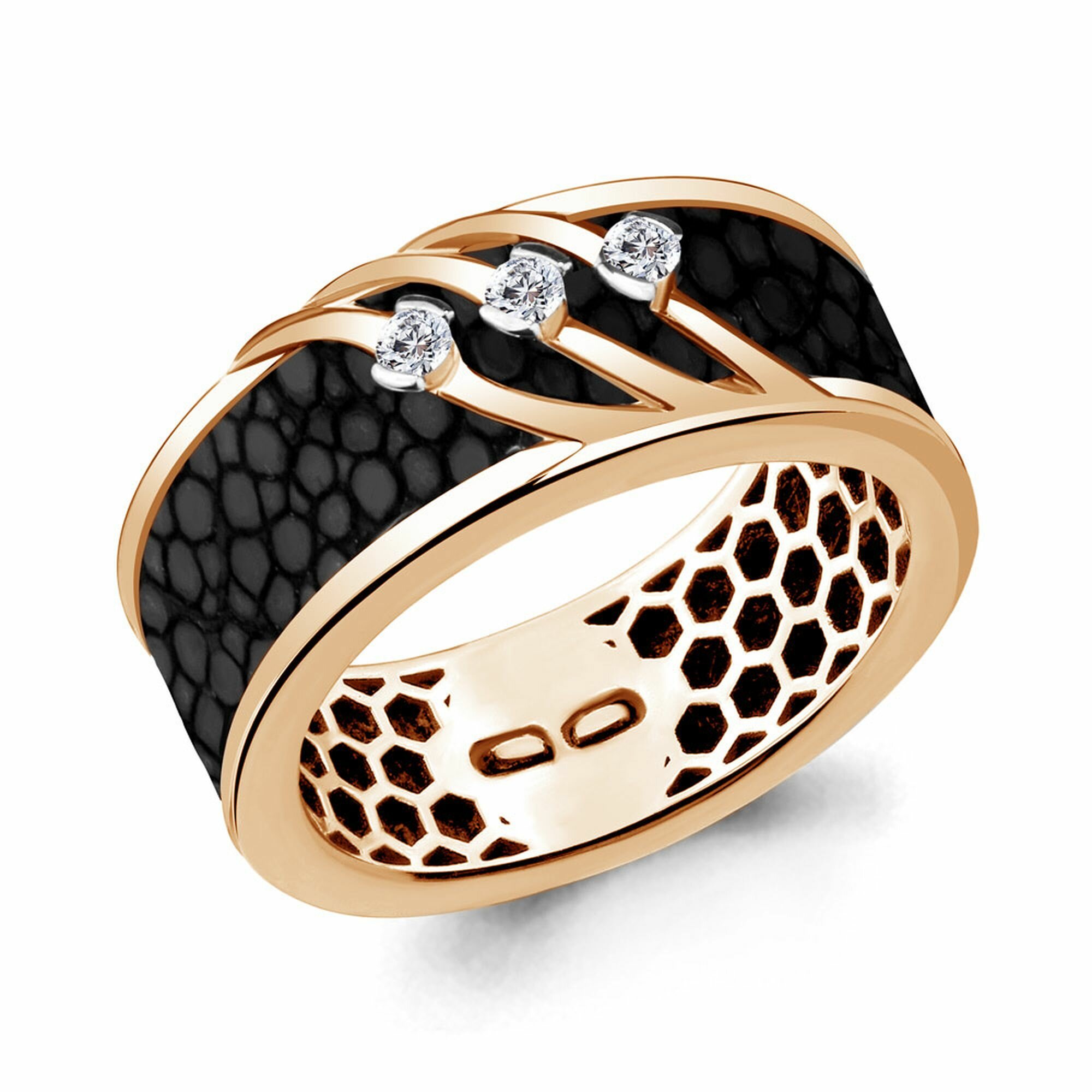 Кольцо широкое, красное золото, 585 проба, бриллиант