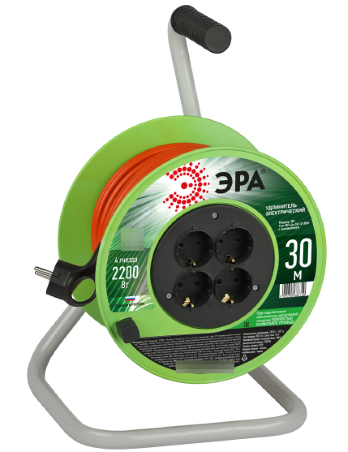 Удлинитель силовой на катушке ЭРА RP-4e-3х1.0-30m с заземлением, провод ПВС 3х1мм2, 4 розетки, 30м, Б0056099 / электрика