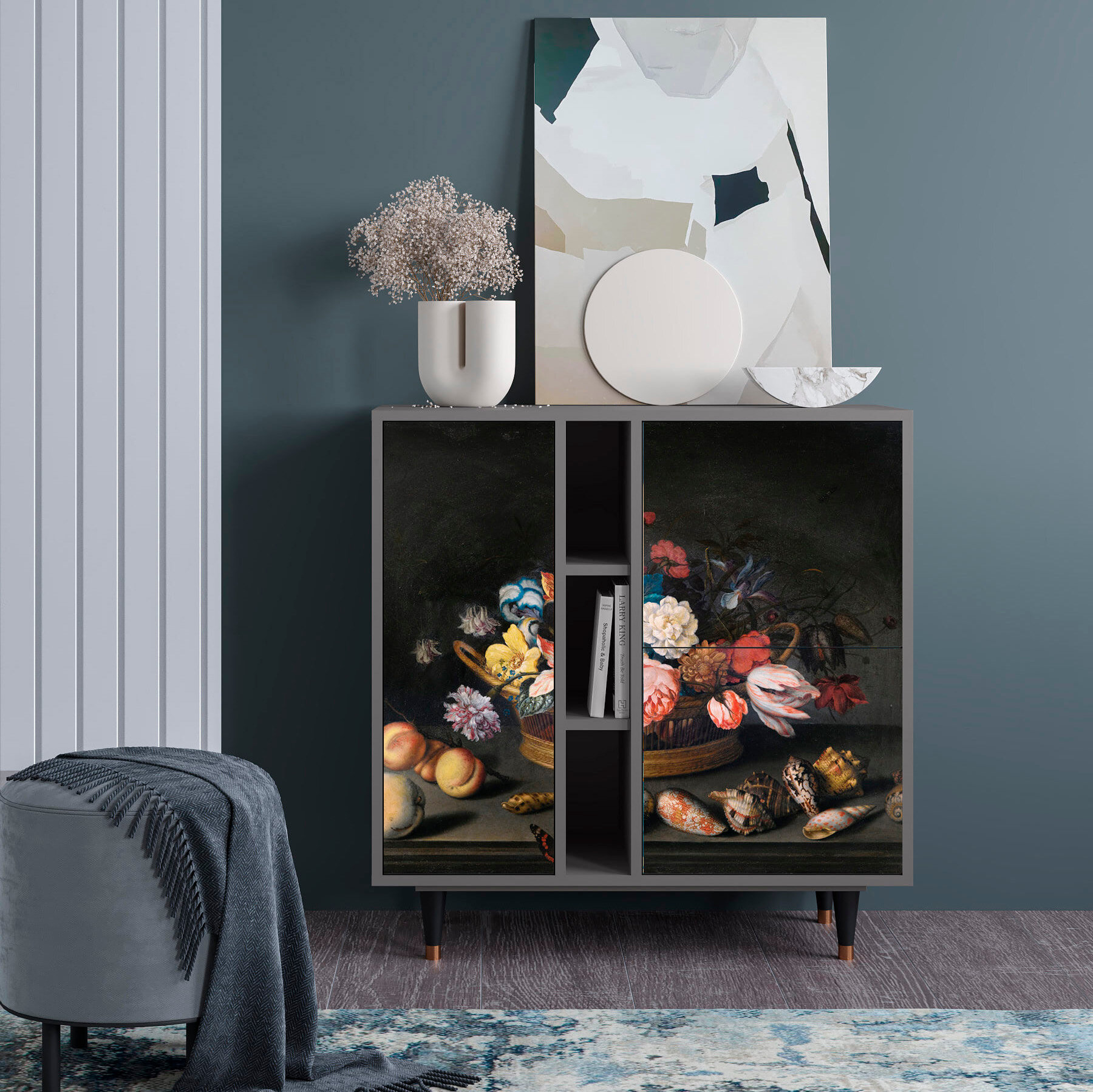 Комод - STORYZ - BS5 Still Life with Flowers and Shells by Balthasar van der Ast, Размер - 94 x 96 x 41 см, Цвет корпуса - , Серый
