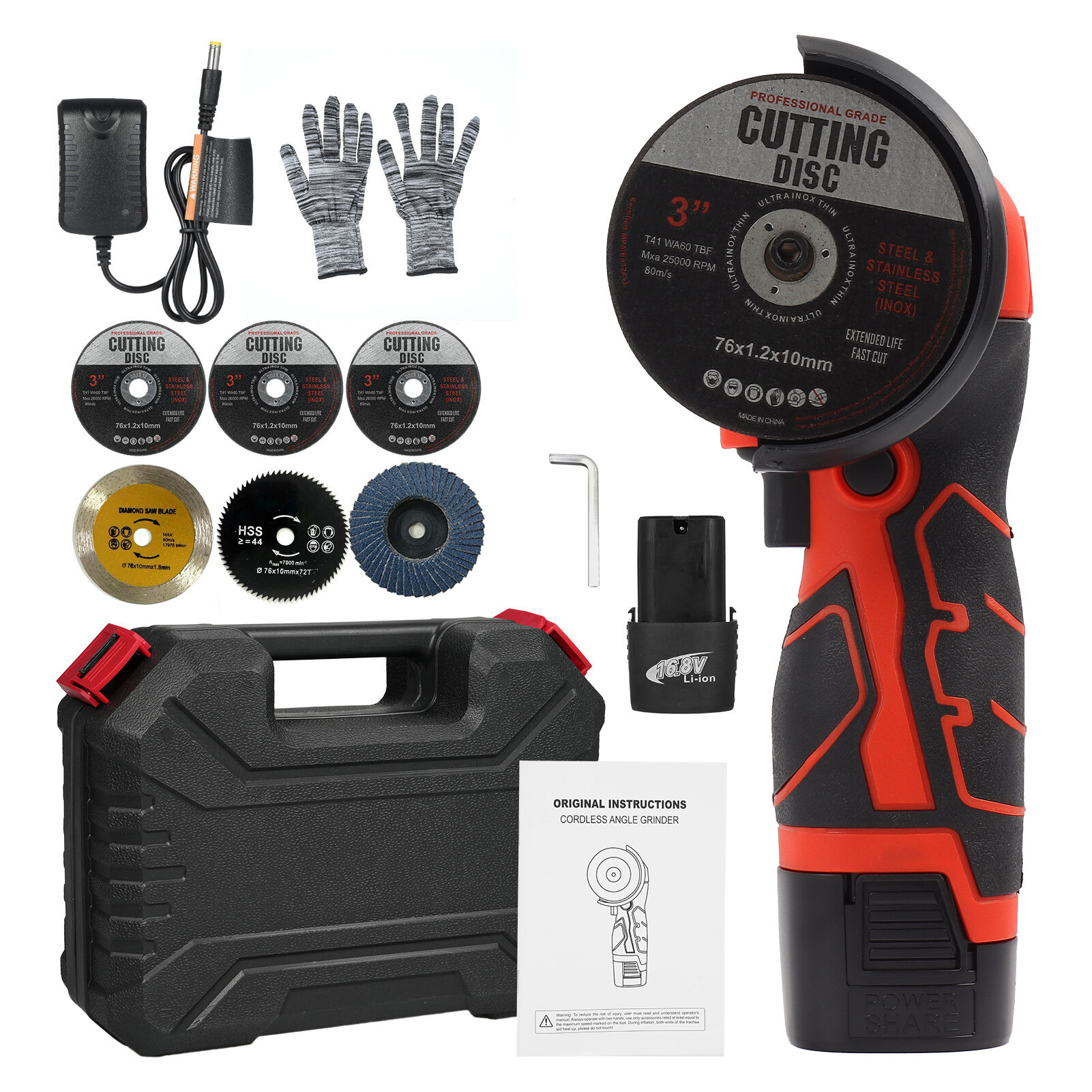 Беспроводная угловая шлифовальная машина 7000 об / мин электрический инструмент шлифования мини -шлифовальная мешка с 2PCS 16,8 В 2000 мАч аккумулятор и режущее лезвие для резки полированной кирпичной деревянной каменной стали