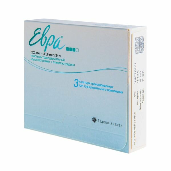 Евра пластырь трансдермальный 203мкг+33,9мкг/24ч 3шт