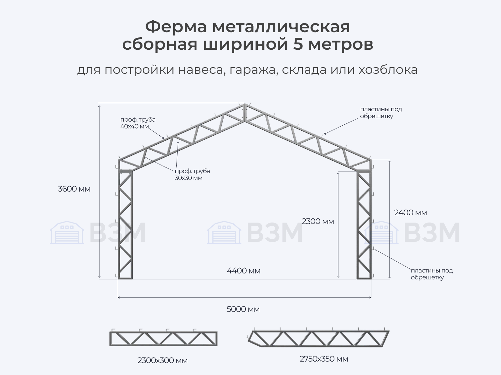 Ферма "Металлическая", 5 м, для гаражей/складов/ангаров/навесов/хозблоков