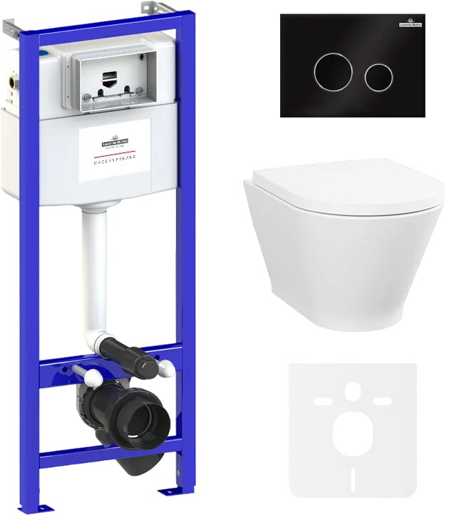 Комплект Lavinia Boho Унитаз подвесной Elegant Rimless 3308101R / Крышка-сиденье Elegant 33290700 с микролифтом / Инсталляция RelFix 38010010, Кнопка RelFix 3805004B глянцевая черная, хром