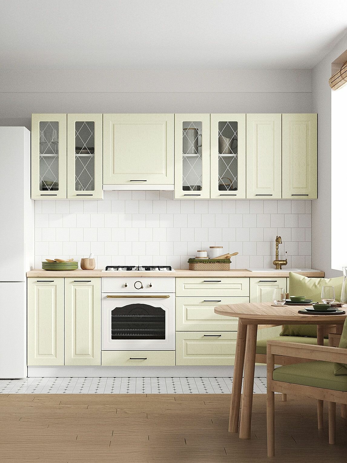 Кухонный гарнитур Шервуд 2.4 м, мебель для дома и кухни, Белый / Дуб кремовый со стеклом