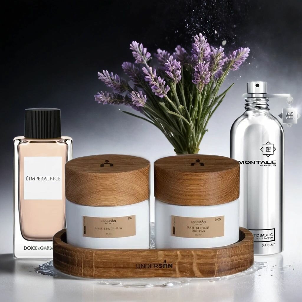 Набор из двух ароматических свечей с подставкой из дуба - Императрица и Ванильный экстаз / свечи для дома / подарок женщине