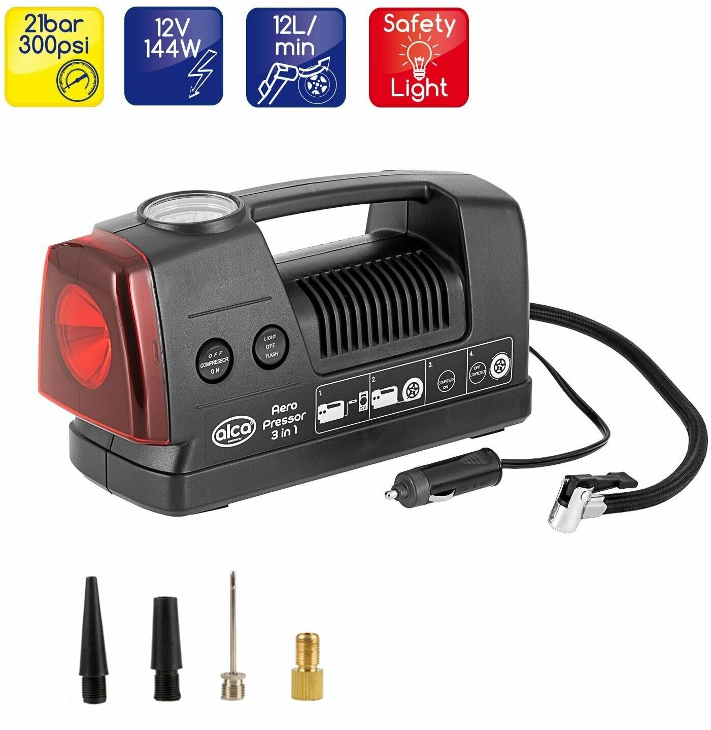 Компрессор автомобильный с фонарем - аварийным маячком, Nonstop ,300 PSI, ALCA