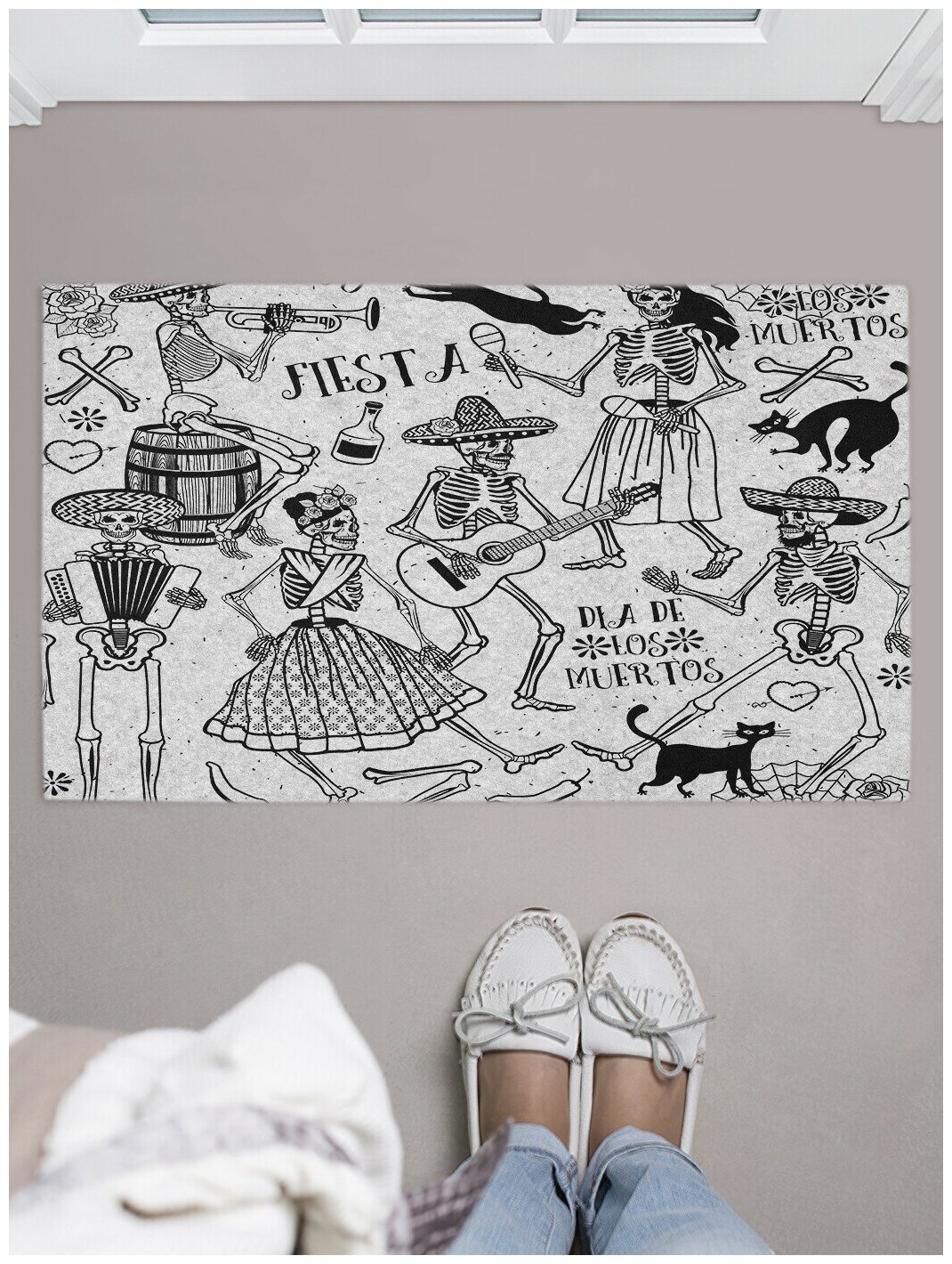 Коврик придверный в прихожую с принтом "Фиеста у скелетов" 45 на 75 см , JoyArty