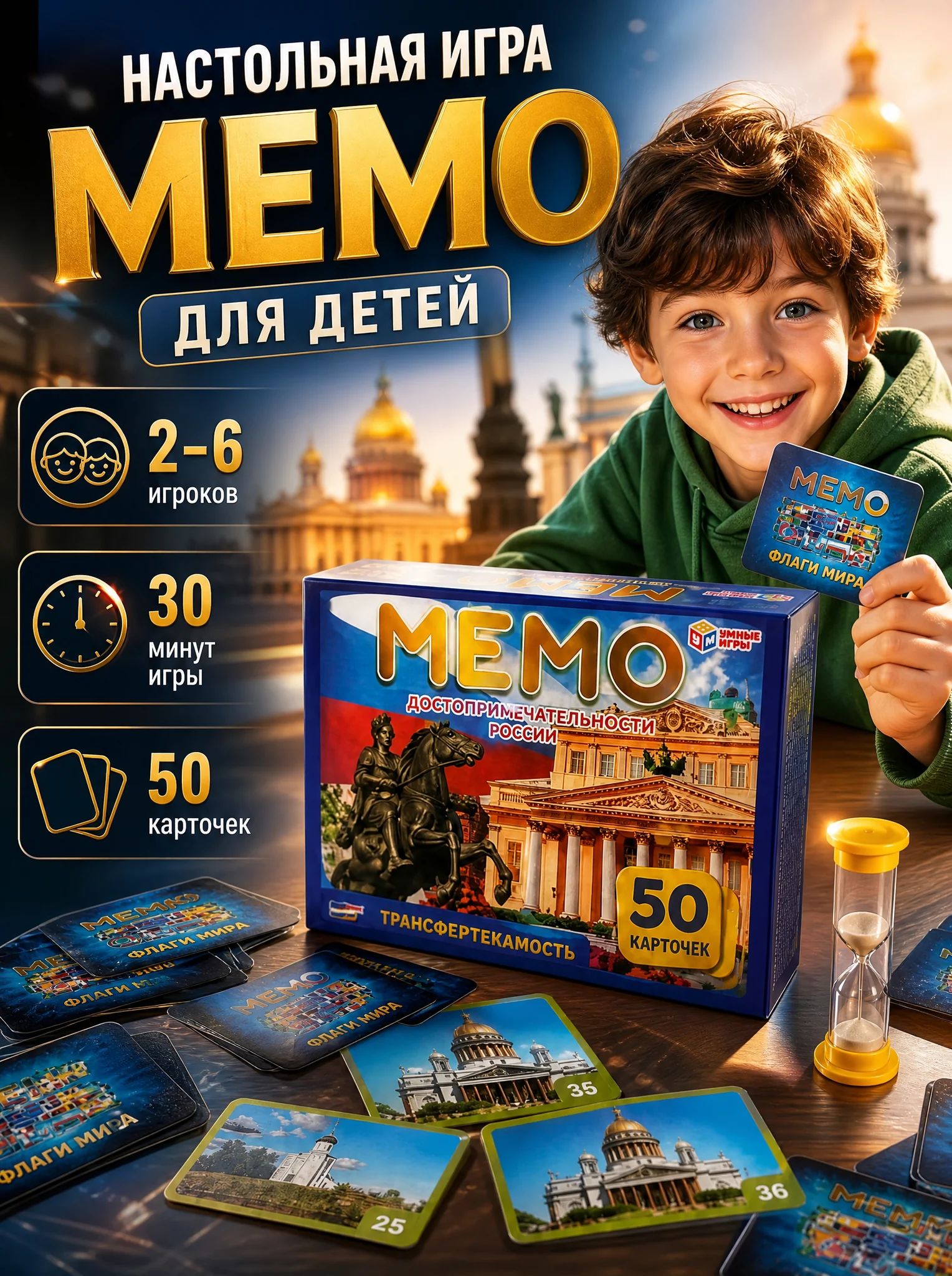 Настольная игра мемо Достопримечательности России для детей от 3 лет Умные игры