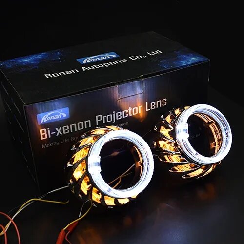 RONAN 2,5-дюймовые спиральные двойные светодиодные интегрированные кожухи, белые, синие, красные, ангельские глазки, DRL для биксеноновых двухсветодиодных линз проектора, фары White-Yellow