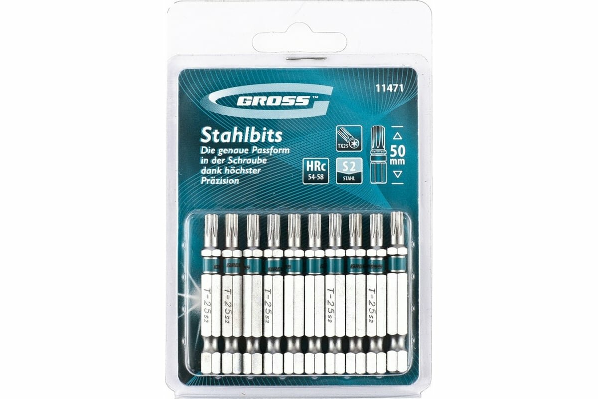 GROSS 11471 Набор бит TORX Т25, 50 мм, сталь S2, 10 шт для ремонта и сборки.