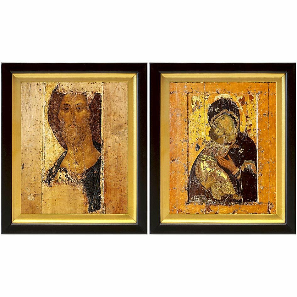 Венчальная пара "Спас Вседержитель (Андрей Рублев, 1410 г) - Владимирская икона Божией Матери (XII в)", две иконы в темных деревянных киотах 19*22,5 см
