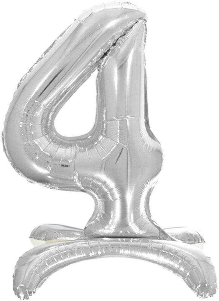 Шар (32'/81 см) Цифра, 4 на подставке, Серебро, 1 шт. в упак.