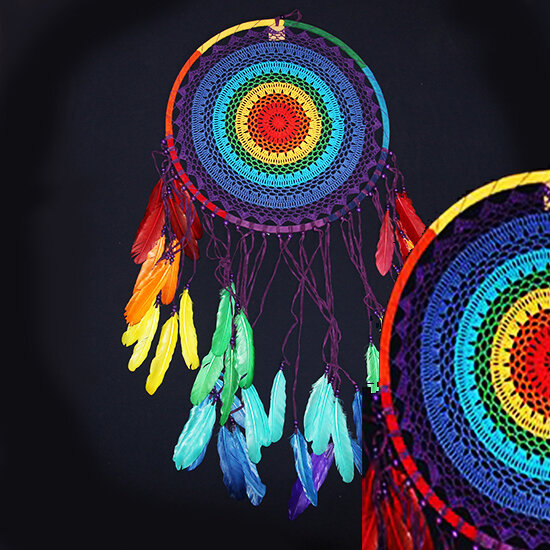 Ловец снов WIR4-8427-50 радужный круг С перьями, Счастье в дом (макраме, 52 - 125 см.), 1 шт.