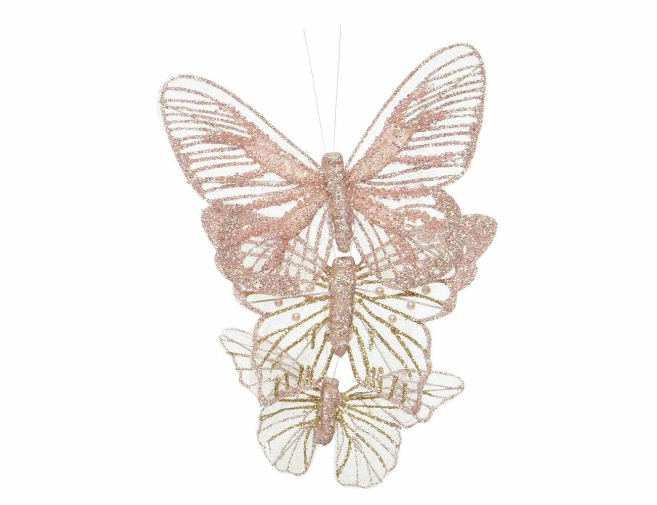 Декоративные бабочки на клипсе, текстиль, нежно-розовые, 11-14 см, 3 шт, Kaemingk