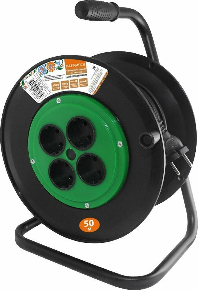 Удлинитель силовой на катушке TDM Народный четырехместный без заземления 1300Вт 50 метров IP20 черный/зеленый