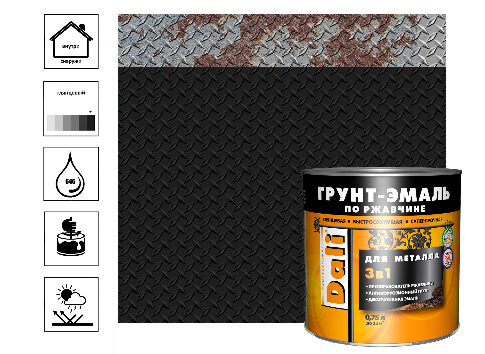 Грунт-эмаль Dali по ржавчине черный 0,75 л для надежной защиты металлических изделий от коррозии