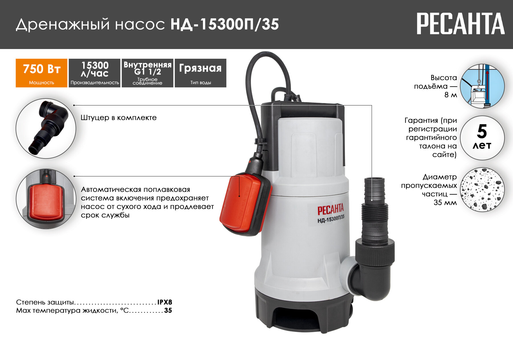 Дренажный насос НД-15300П/35 Ресанта
