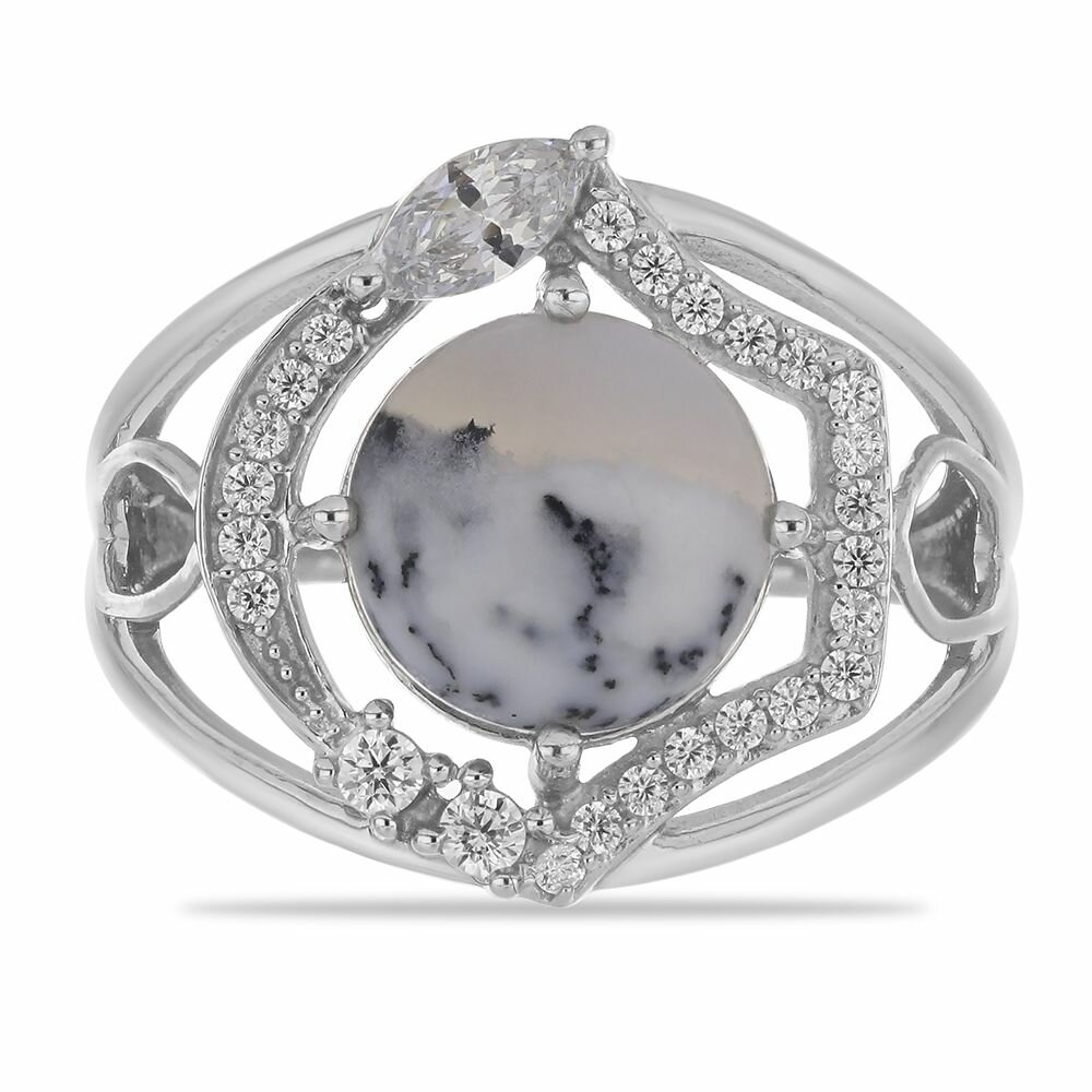 Кольцо, серебро, 925 проба, родирование, агат, фианит