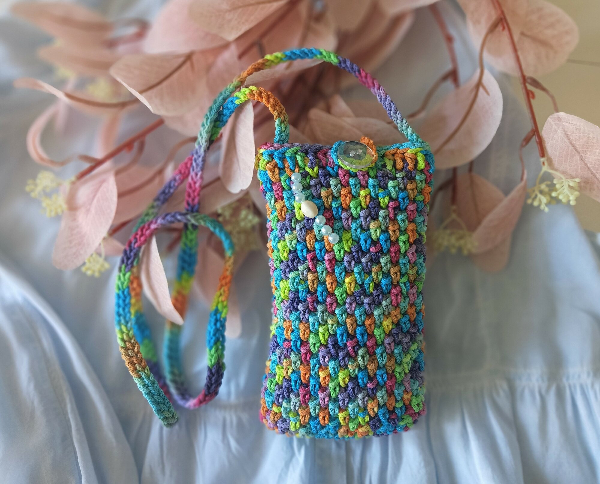 Чехол для смартфона, через плечо, вязанный с бусинами, хлопок, женский.