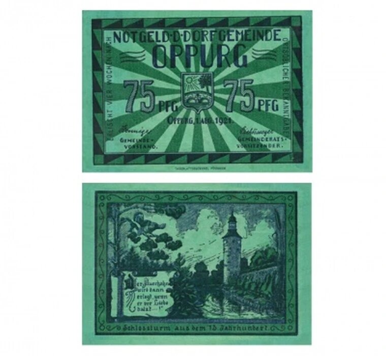 Нотгельд 75 пфеннигов 1921 Германия, Оппург, сувенирная копия, банкноты и купюры редкие коллекционные