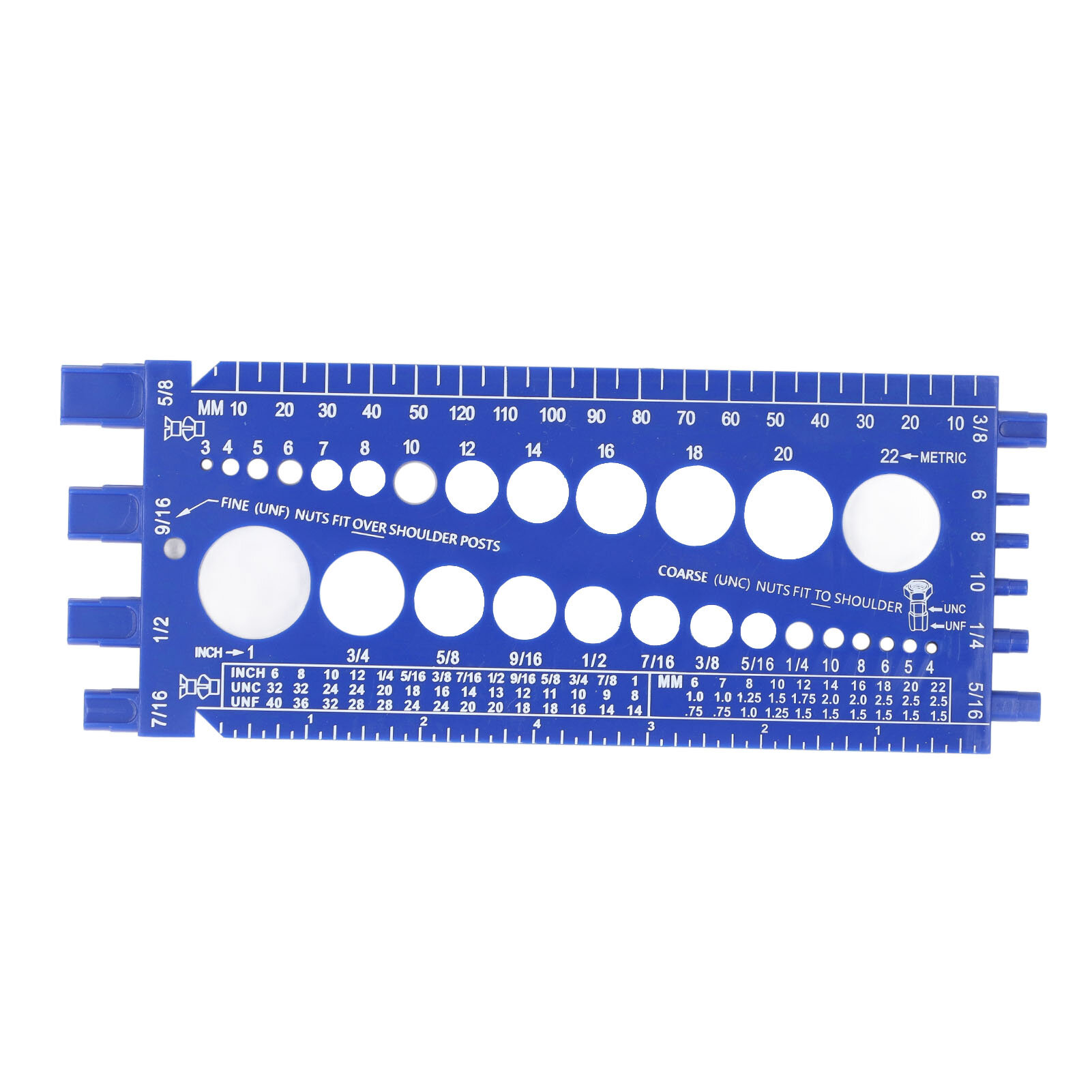 Калибровочныйинструментдляпроверкирезьбыболтовигаек, размерыотM3доM22(метрические)иот#4до3/4(дюймовые), синий.