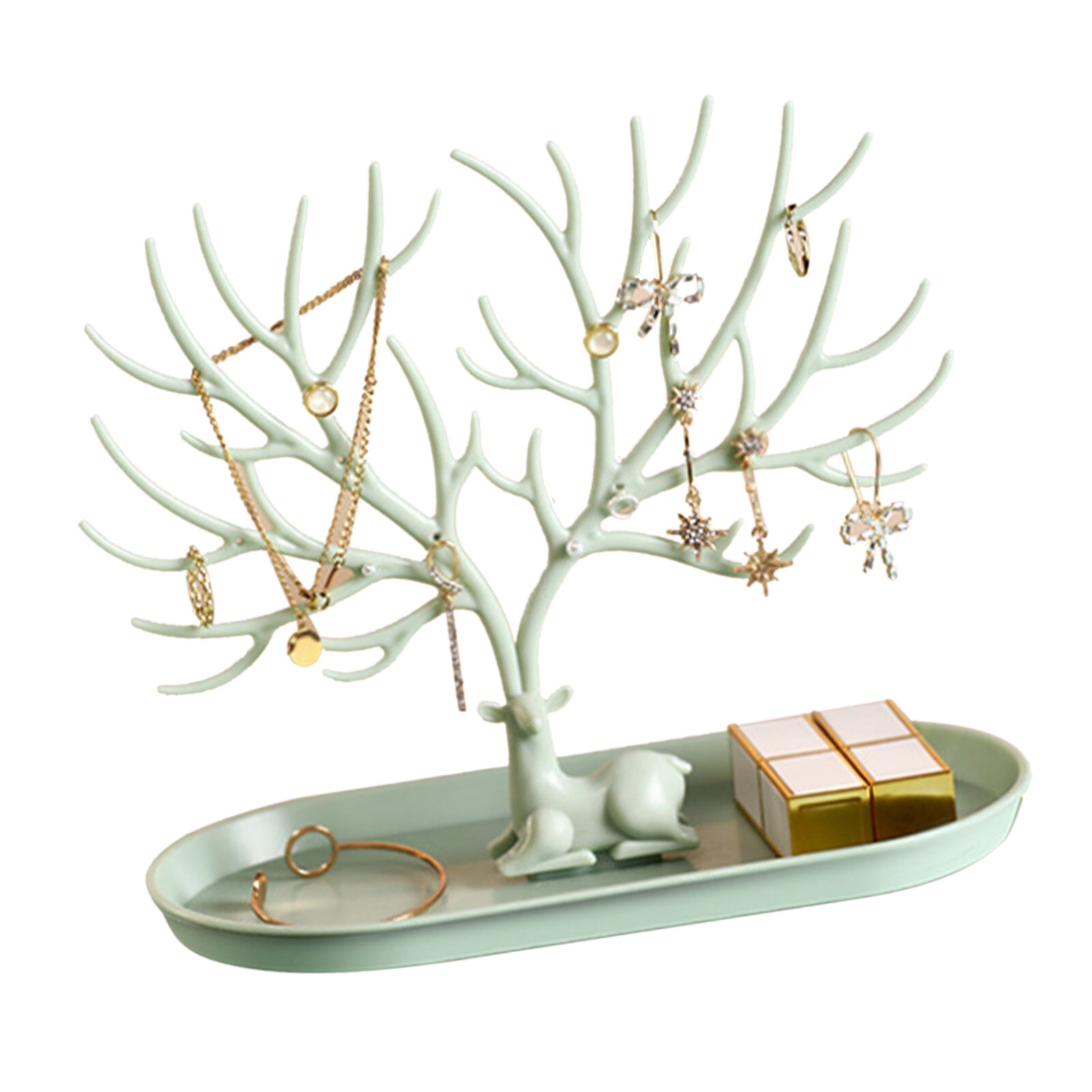 Стойка для хранения и отображения украшений Deer Antler Tree Rack Organizer для колец, ожерелий, серьг Размер 12.5x21.5x24.5cm Материал Пластик С подносом с бортиком Зеленый 1 шт.