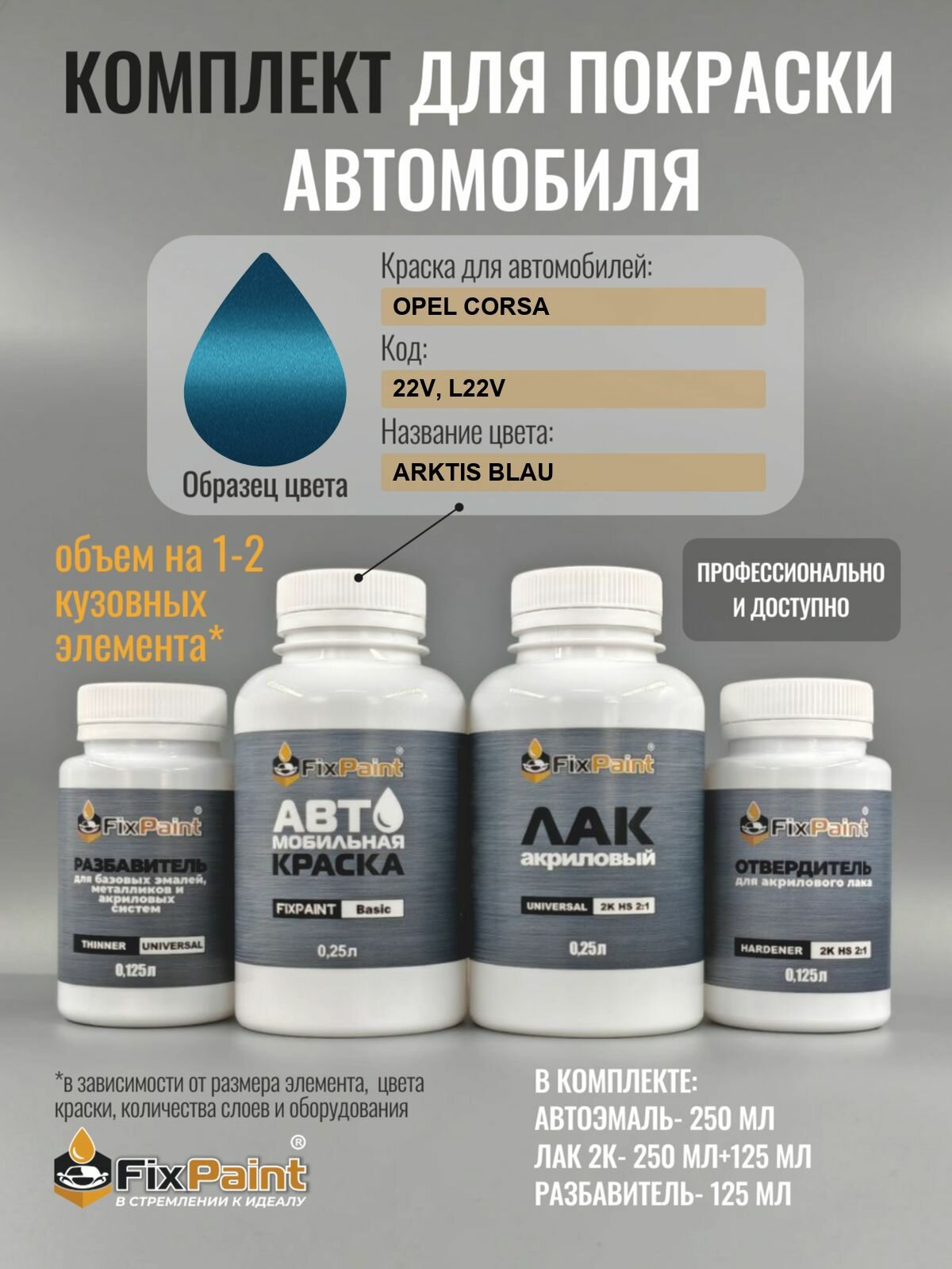 Комплект для покраски OPEL CORSA, код 22V, L22V, ARKTIS BLAU, базовая автомобильная краска 250 мл, лак 2K 250 мл с отвердителем, разбавитель 125 мл, FixPaint Pro