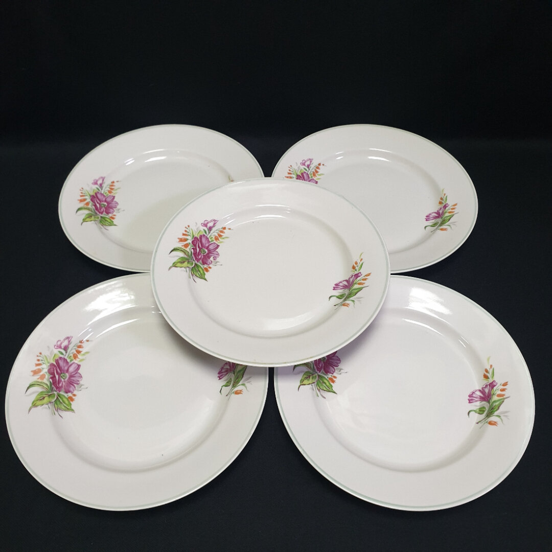 Набор столовых тарелок 5 шт, Дулево, фарфор, деколь. Винтаж, СССР.