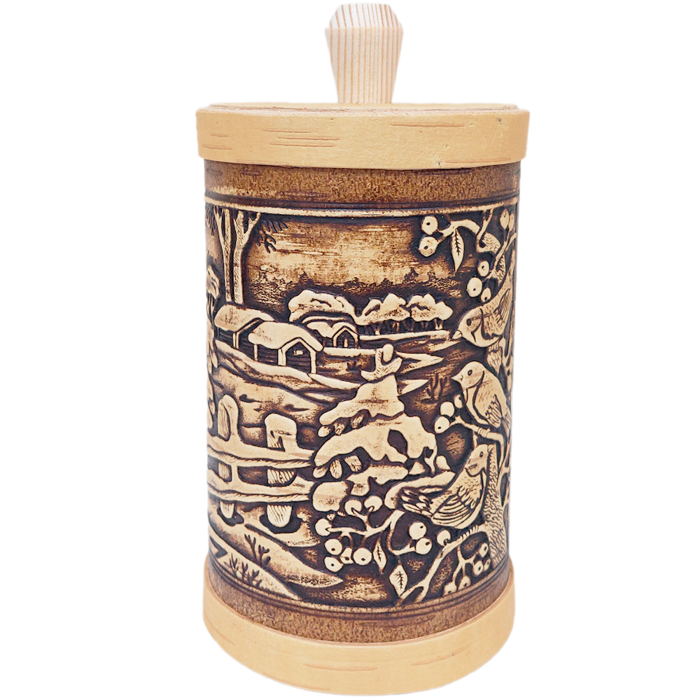 Туесок из бересты ручной работы "Зимняя деревня", 1л.
