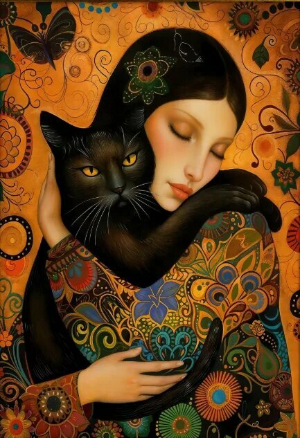Картина на холсте "Богемный стиль Климта, женщина с котом" Черный, PF 42881, 40x50cm no frame