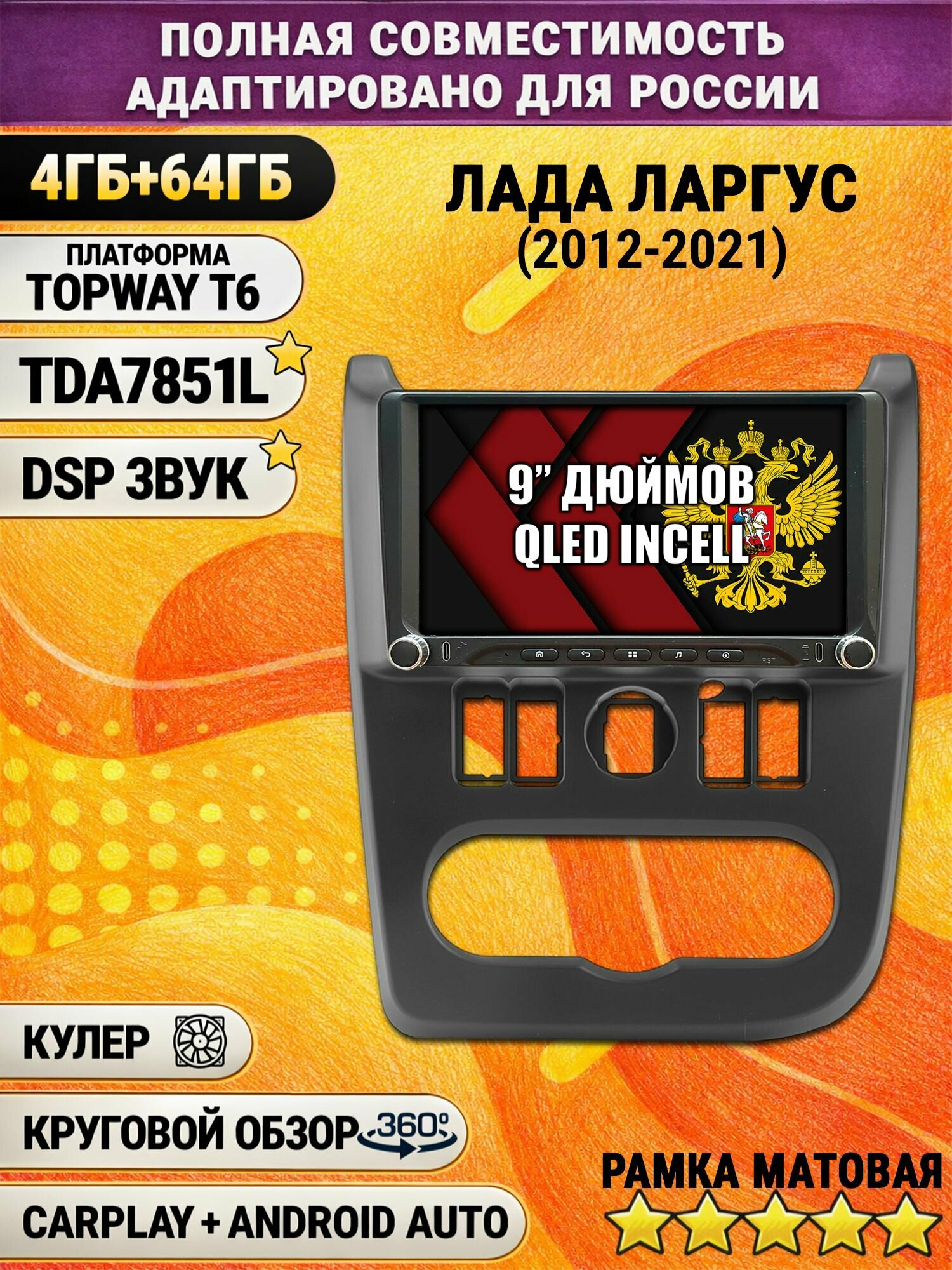 Штатная магнитола Андроид 9 для LADA LARGUS лада ларгус (2012 2013 2014 2015 2016 2017 2018 2019 2020 2021), 4/64гб, DSP, 360 обзор, беспроводной CarPlay и Android Auto, GPS и ГЛОНАСС