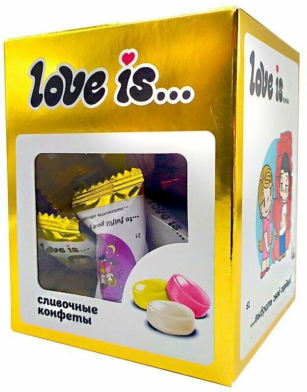 Конфета жевательная сливочная Love Is Лав Из (блок 105 гр) ассорти вкусов + вкладыши-картинки, Золотая коллекция. Набор в подарок на праздник, день рождения, 23 февраля, 8 марта, Новый год