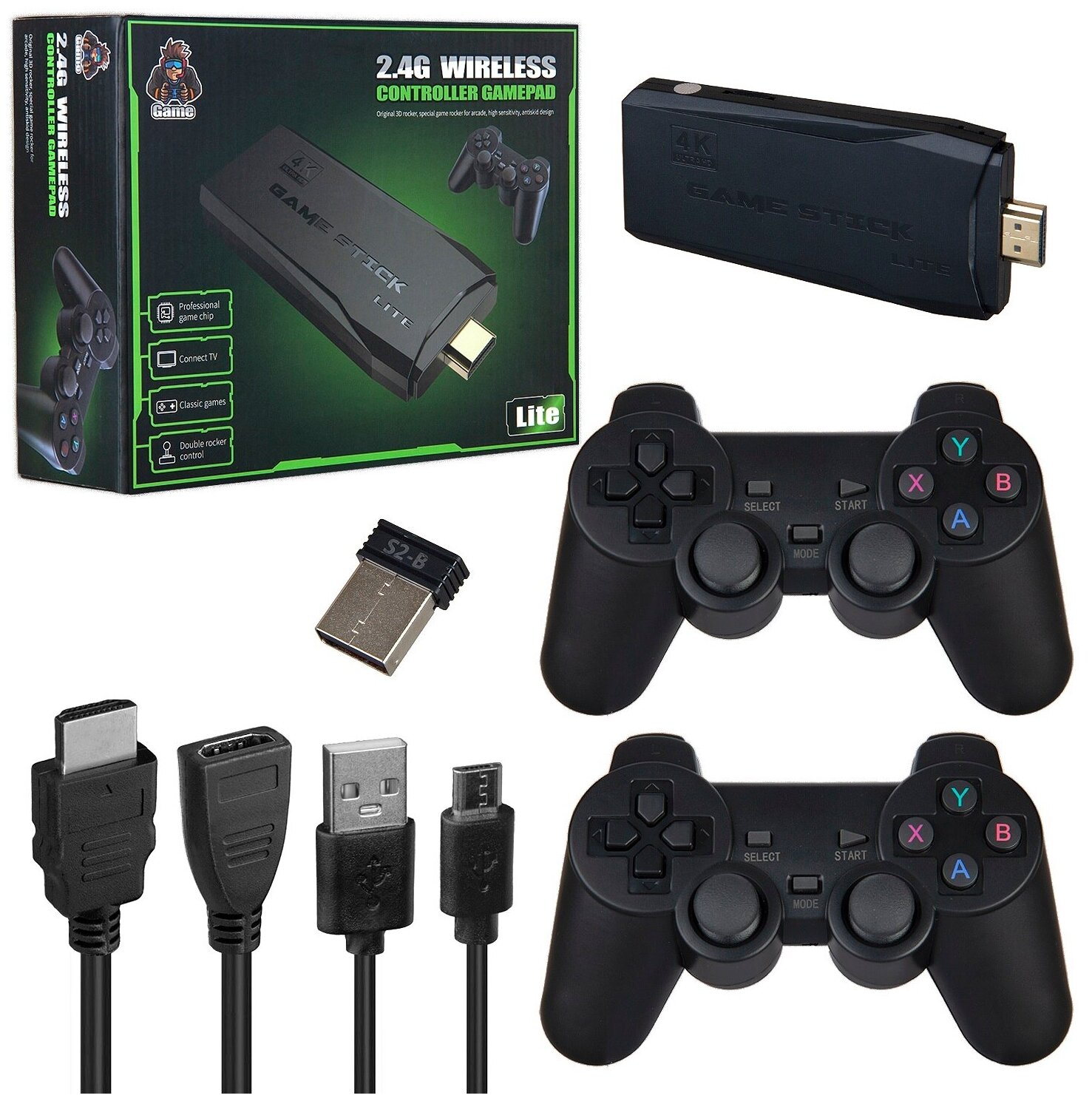 Игровая приставка в порт HDMI, Game Stick + 2* Wireless Gamepad Lite, 4K/2.4G, 15000 игр, Черный