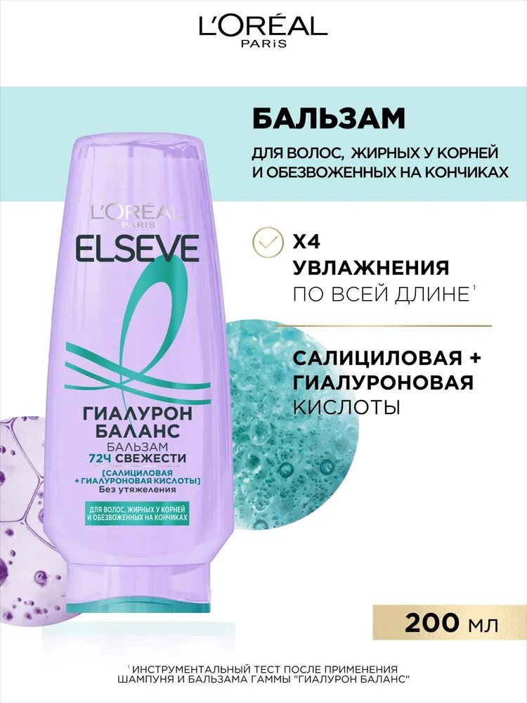 L'Oreal Paris Elseve Бальзам для волос "Гиалурон баланс" для жирных у корней и обезвоженных на кончиках, 200 мл
