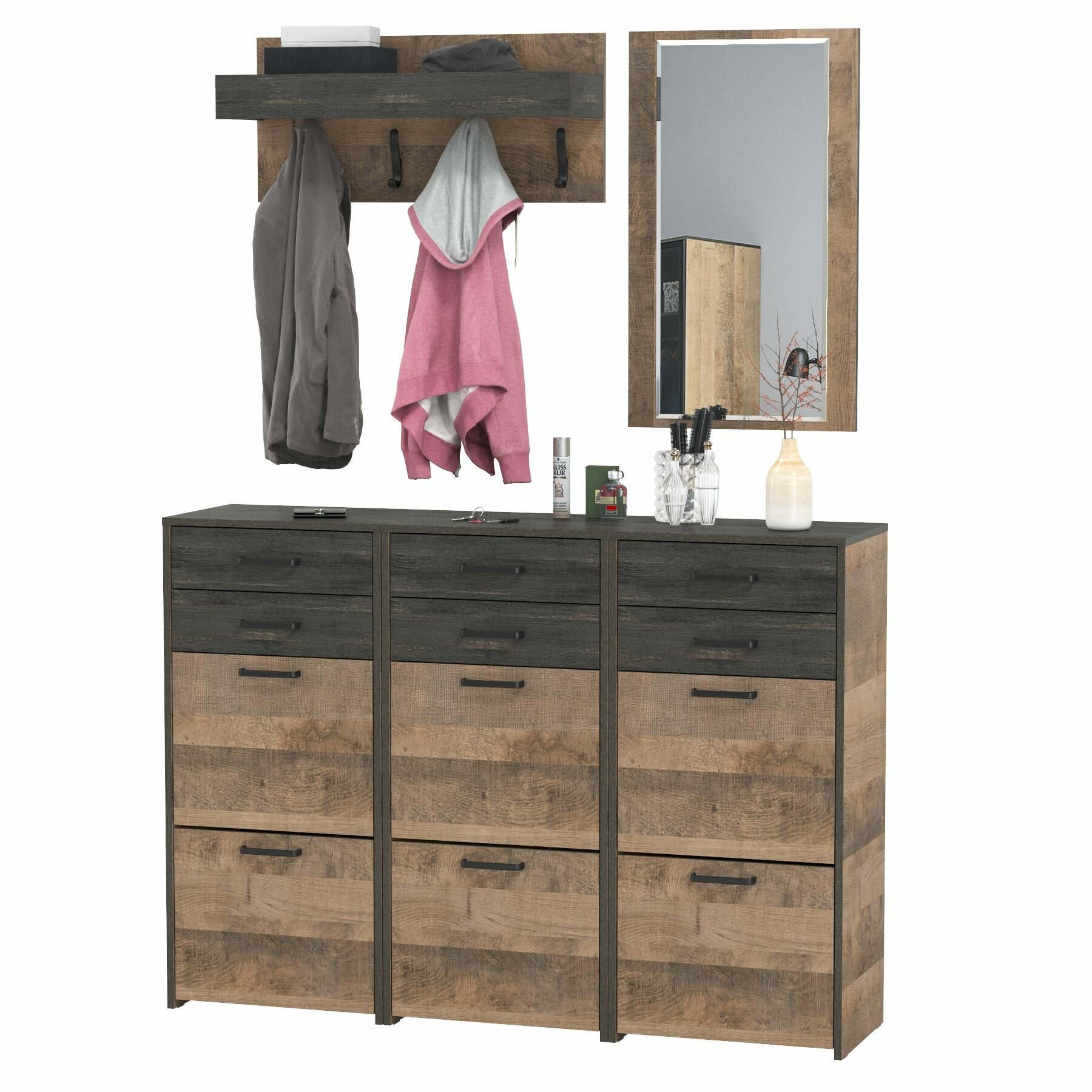 Три высоких обувницы в прихожую Трувор с зеркалом и вешалкой, цвет дуб гранж песочный/интра, ШхГхВ 150х37х195 см.