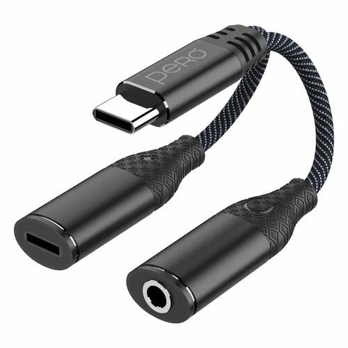Переходник PERO AD11, USB Type-C (m) - USB Type-C (f)/Jack 3.5 (f), 0.1м, в оплетке, черный