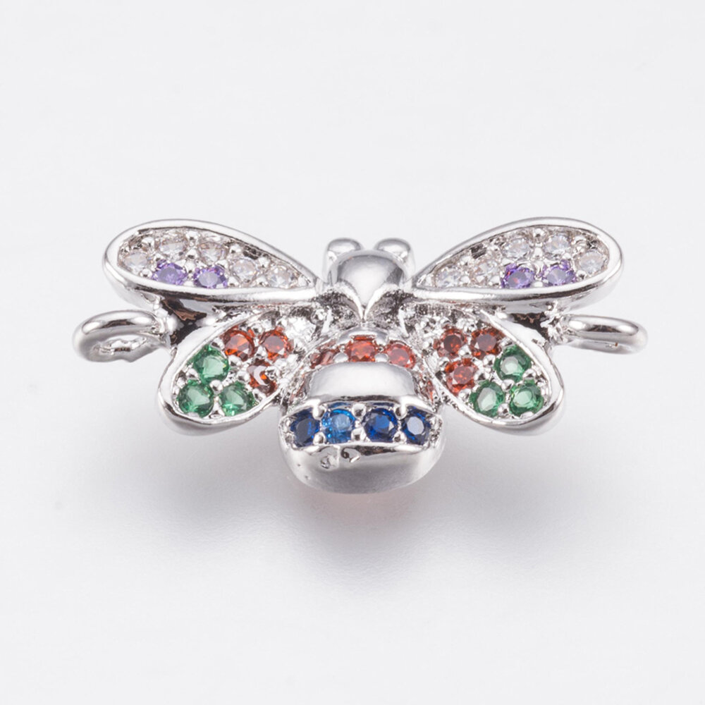 Коннектор 19х10х5мм, Milano, насекомое, Шмель, с разноцветными фианитами, базовый материал - латунь, под родий, 1 шт.