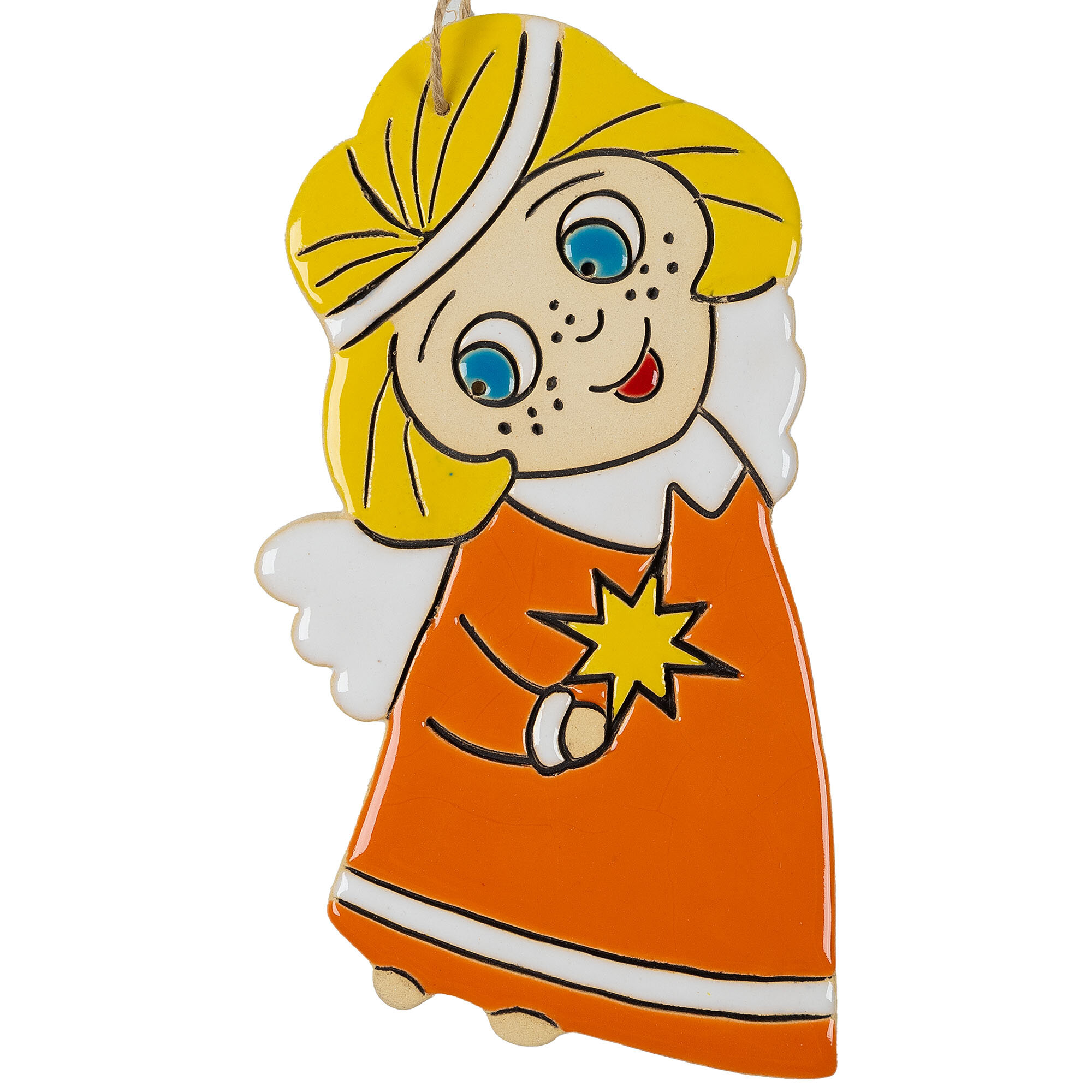 Панно декоративное Ангел со звездой в оранжевом платье керамическое авторской ручной работы