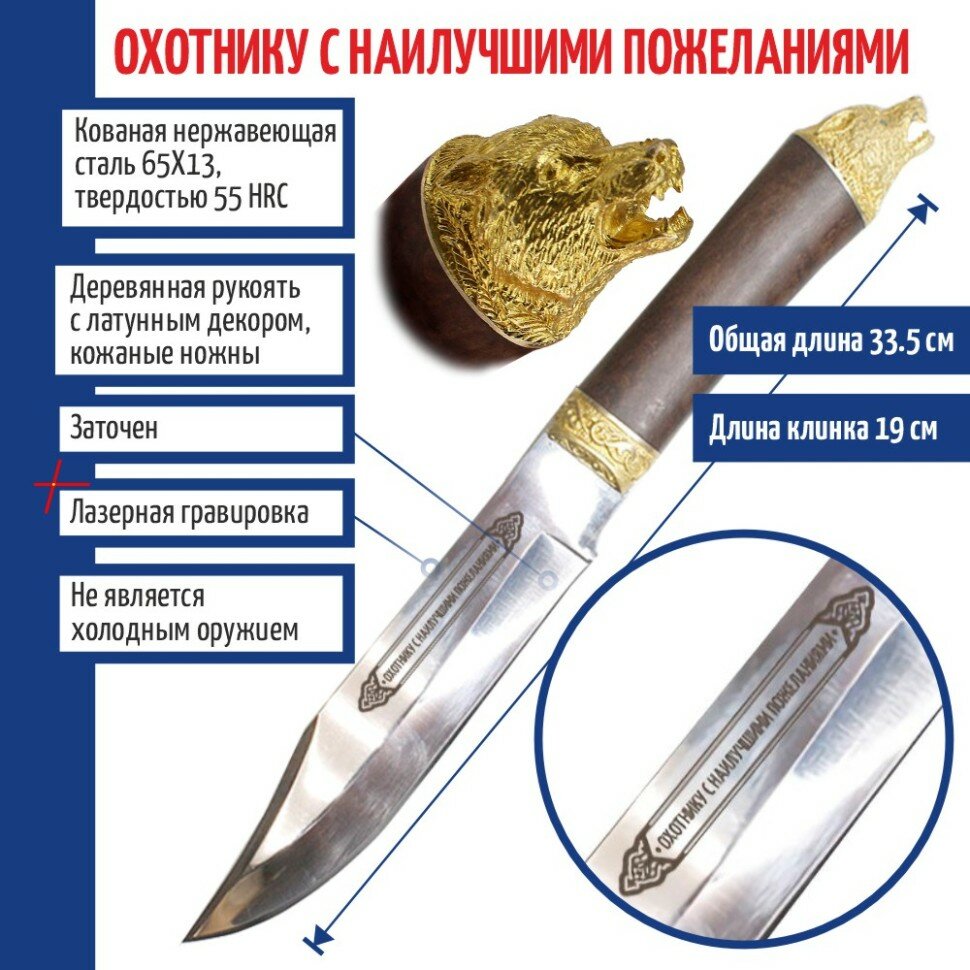 Нож Волк "Охотнику с наилучшими пожеланиями" с ножнами (сталь 65х13)