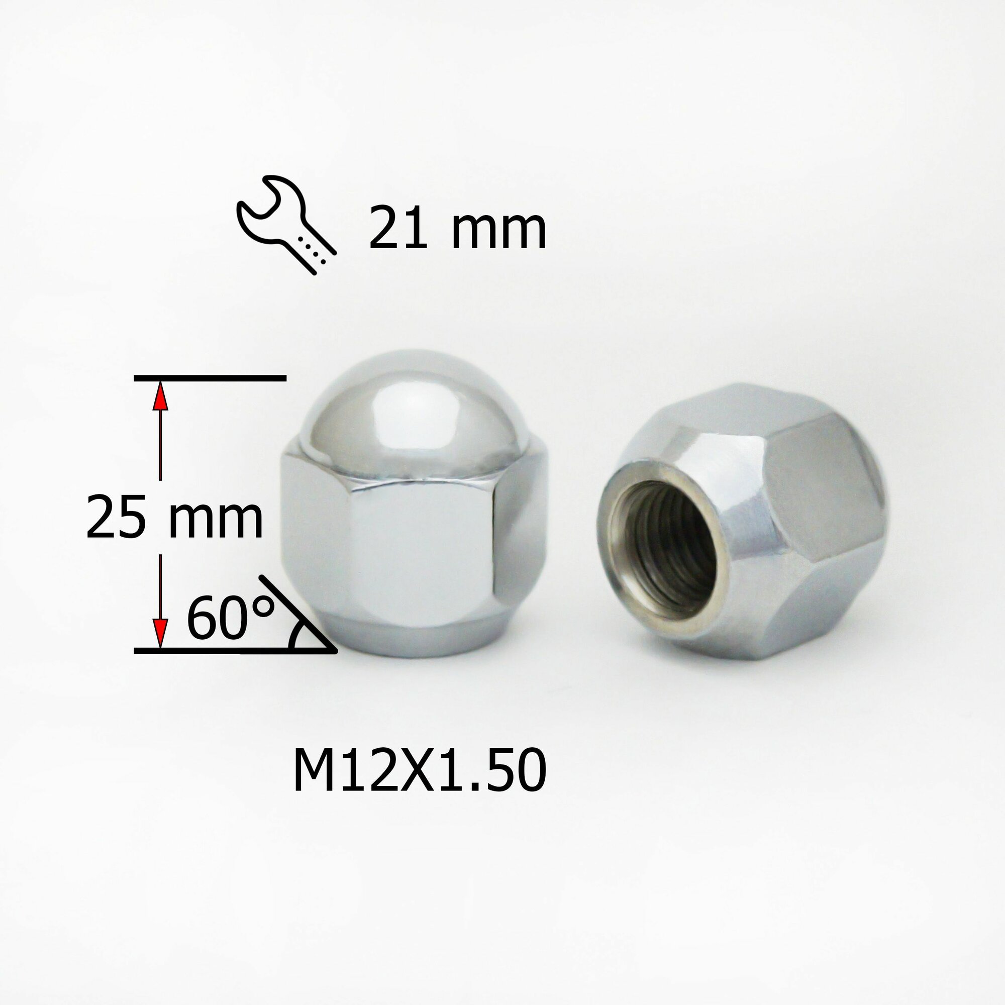 Гайка колесная M12х1,5 высота 25мм, Конус, закрытая(цельная), ключ 21мм, Хром