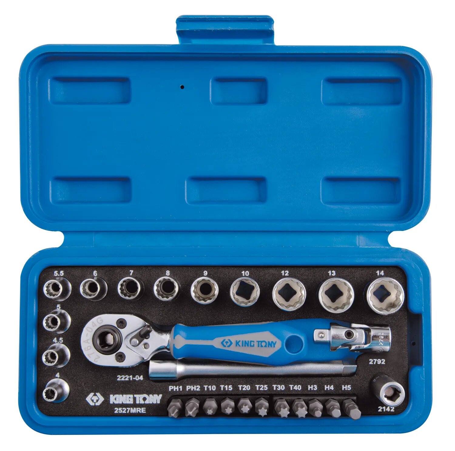 2027MRE Набор торцевых головок с принадлежностями 1/4", двенадцатигранные, 4-14 мм, 27 предметов KING TONY 2027MRE